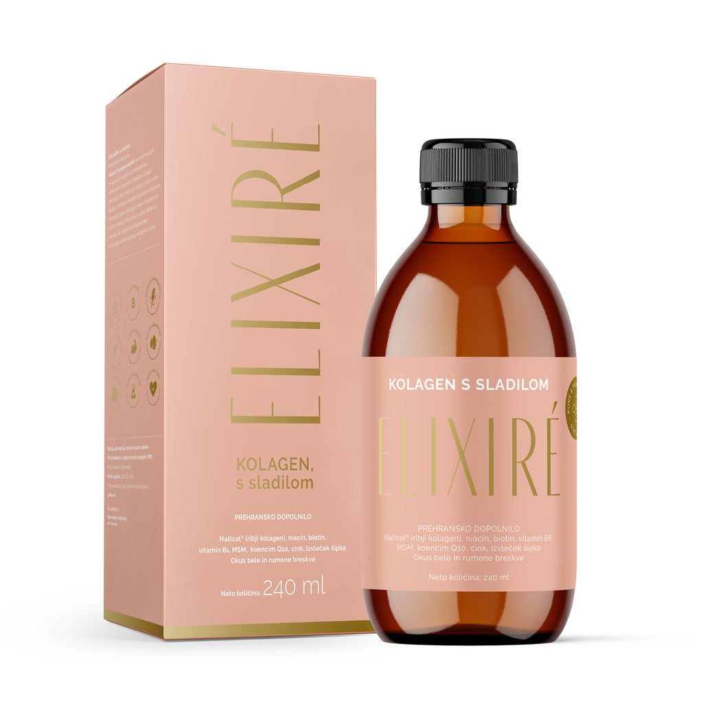ELIXIRÉ COLLAGEN WITH SWEETENER, white and yellow peach flavor, dietar ...